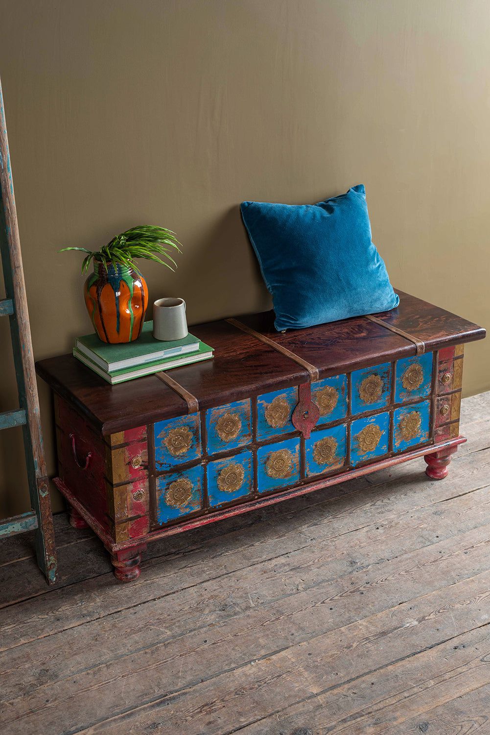 Blue Painted Trunk made from New and Reclaimed Wood with a Metal Trim ...