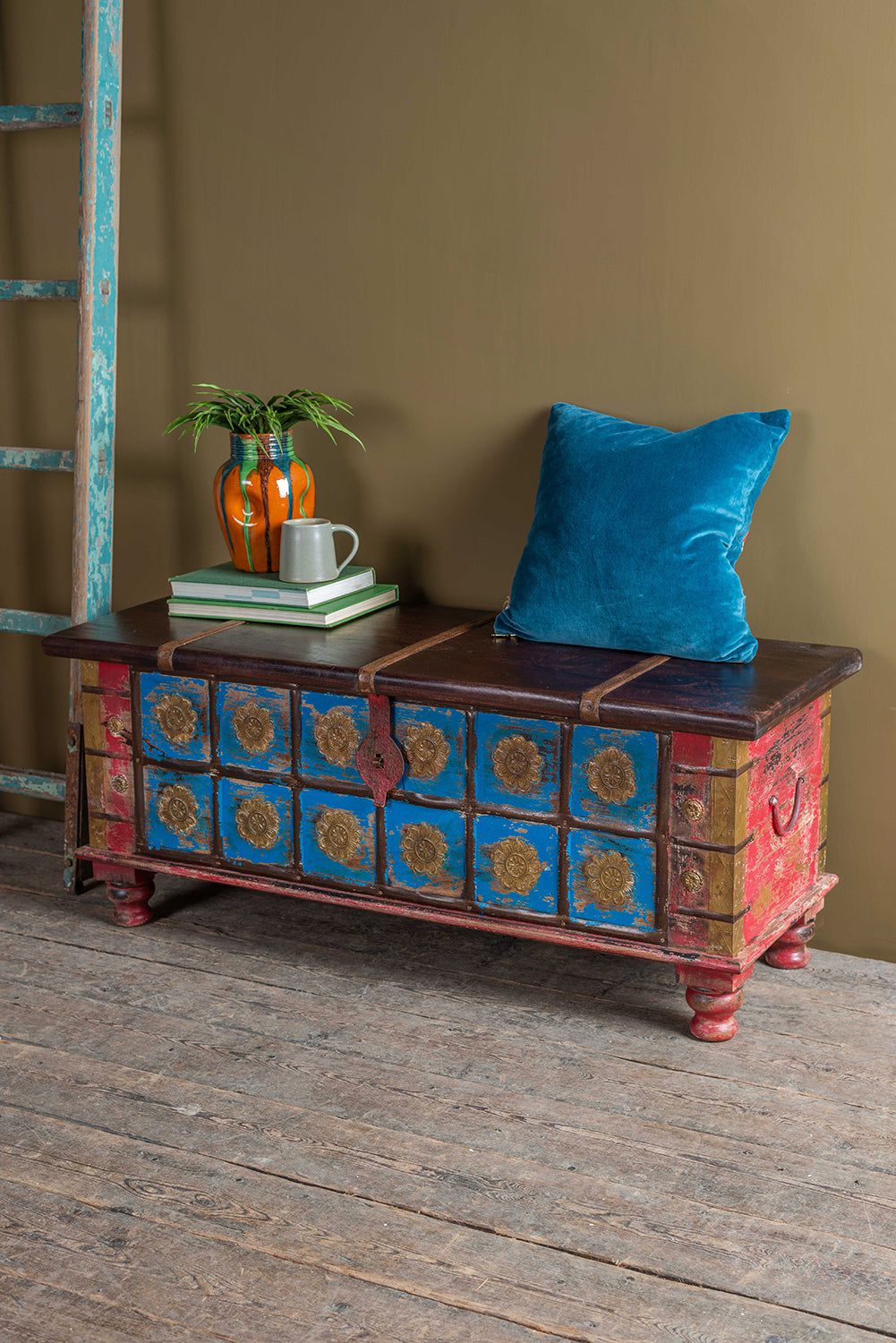 Blue Painted Trunk made from New and Reclaimed Wood with a Metal Trim ...