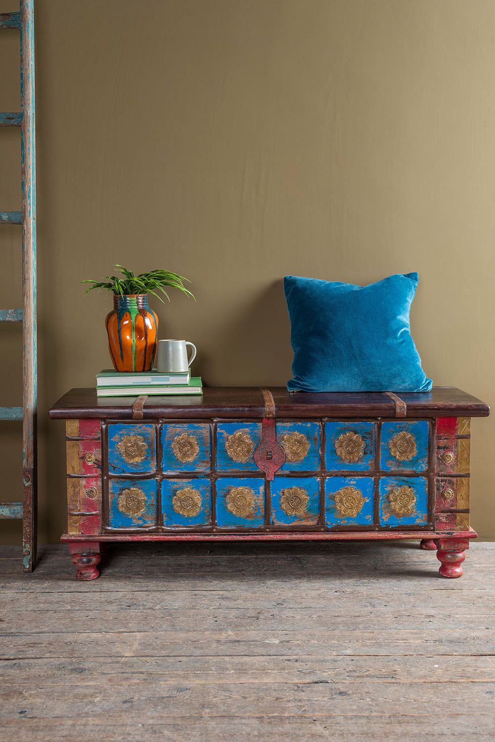 Blue Painted Trunk made from New and Reclaimed Wood with a Metal Trim ...