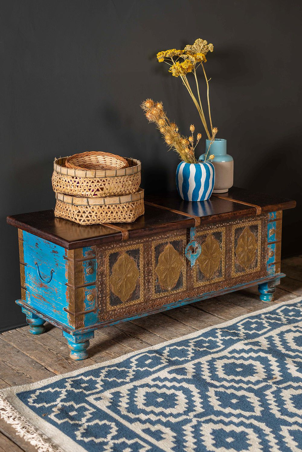 Blue Wooden Chest with Brass Trim – MYAKKA