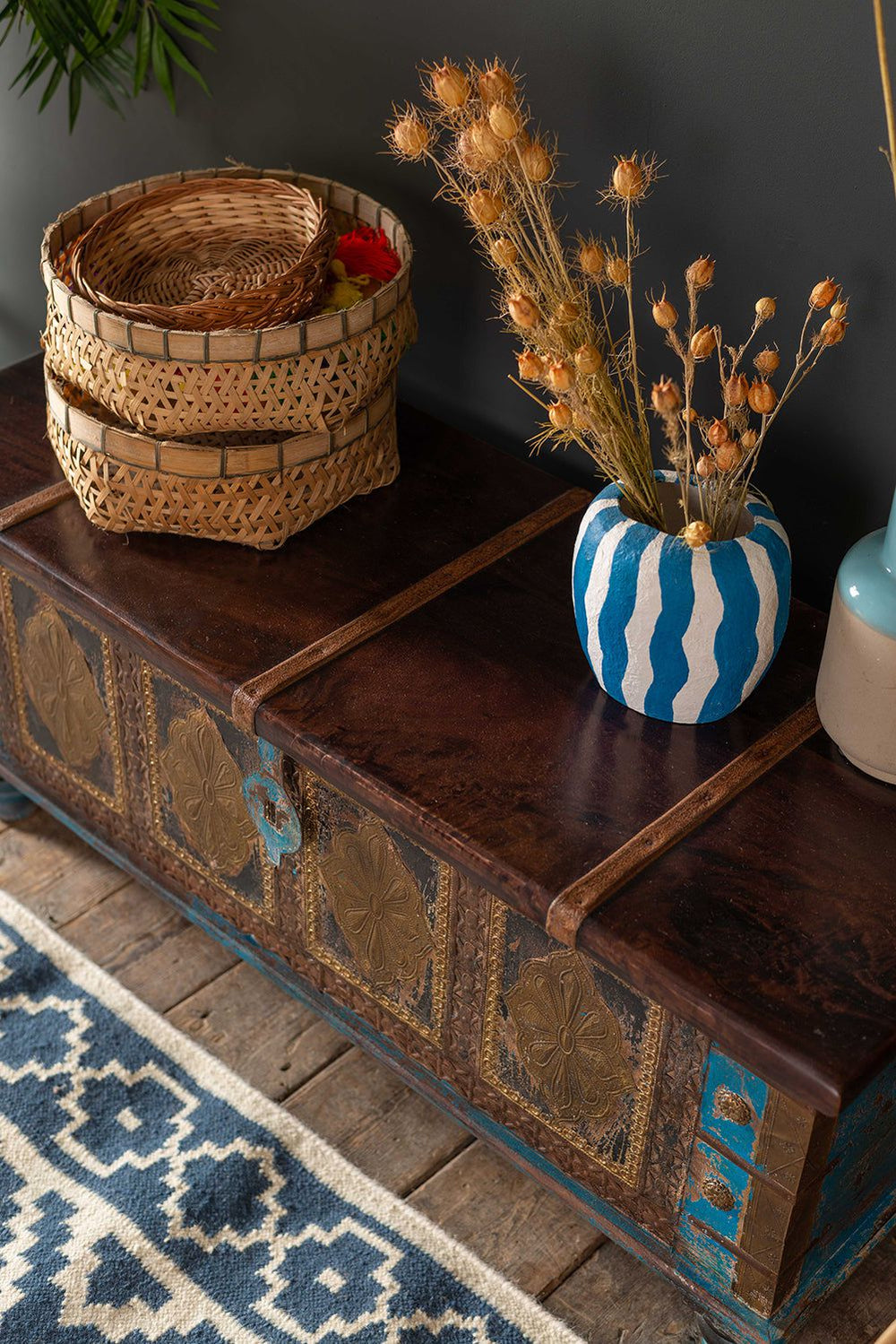 Blue Wooden Chest with Brass Trim – MYAKKA