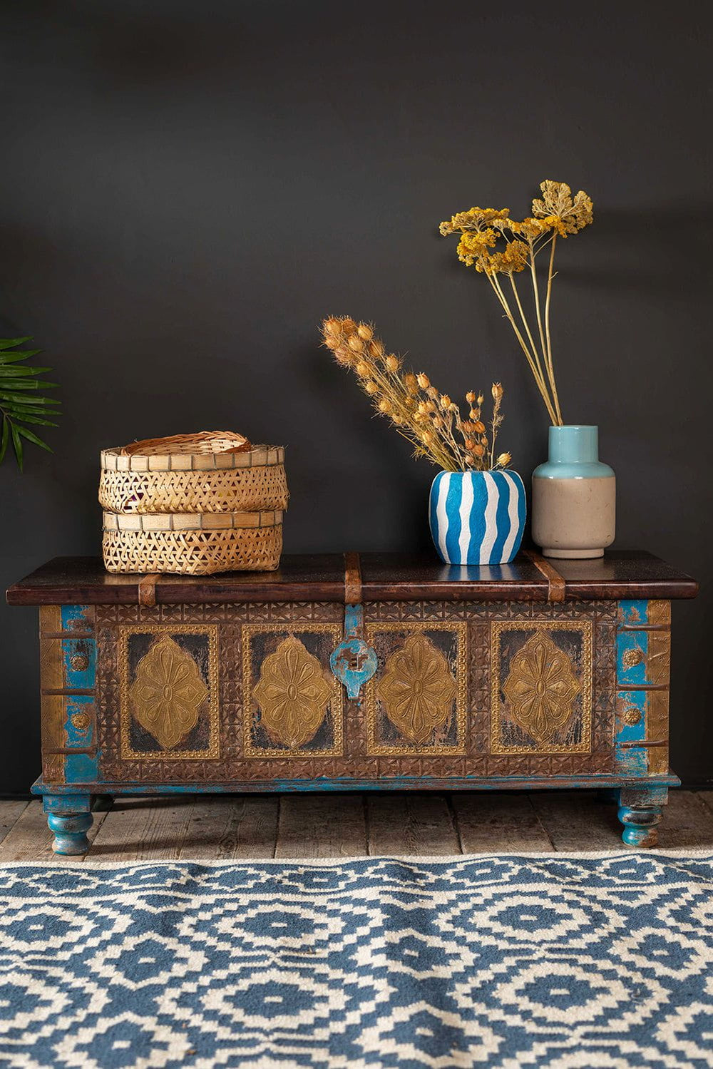 Blue Wooden Chest with Brass Trim – MYAKKA