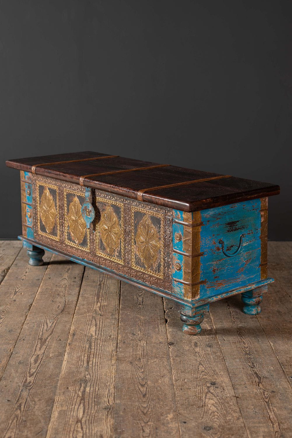 Blue Wooden Chest with Brass Trim - MYAKKA