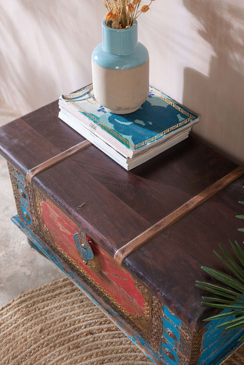 Red and Blue Wooden Chest with Brass Trim - MYAKKA