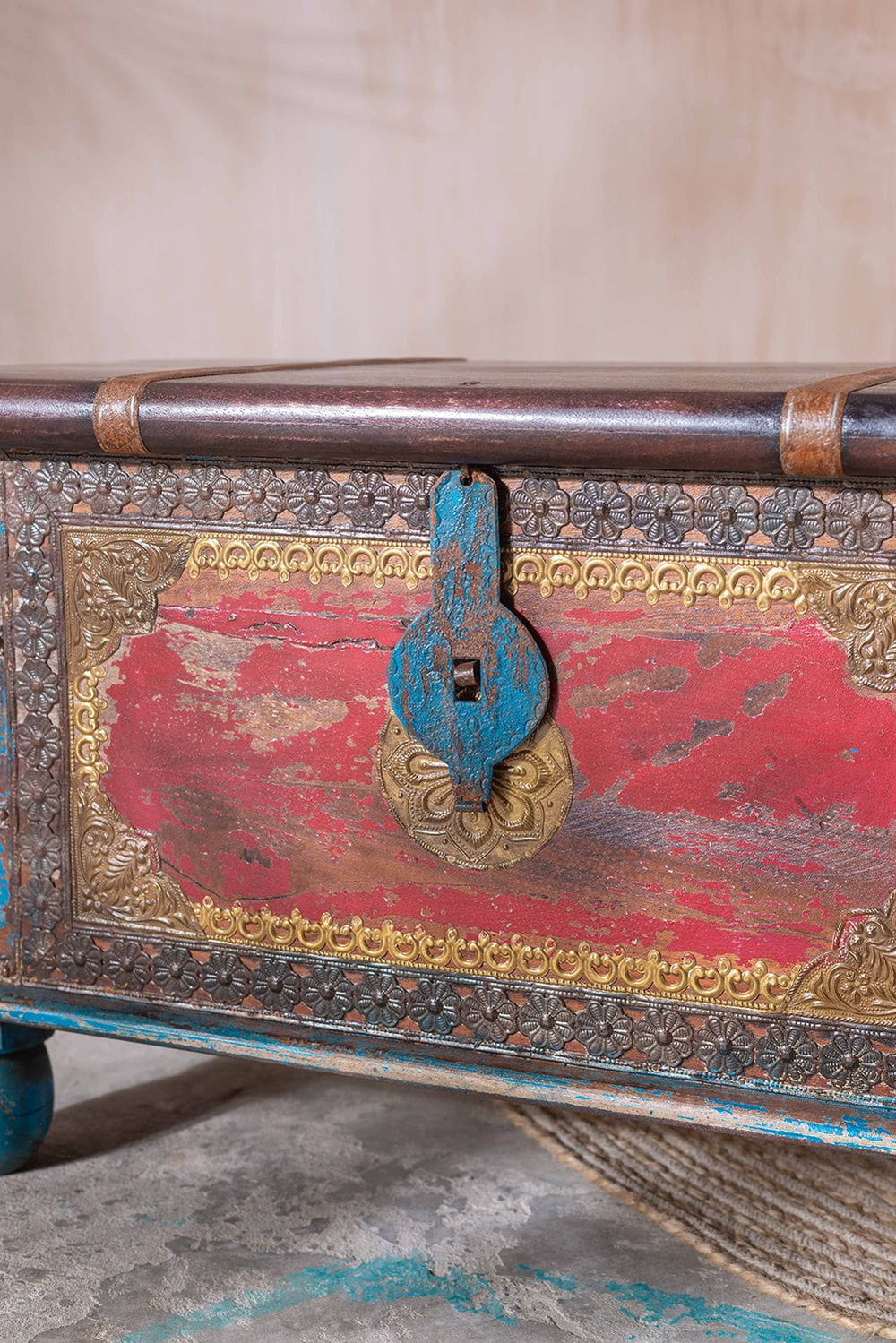 Red and Blue Wooden Chest with Brass Trim – MYAKKA