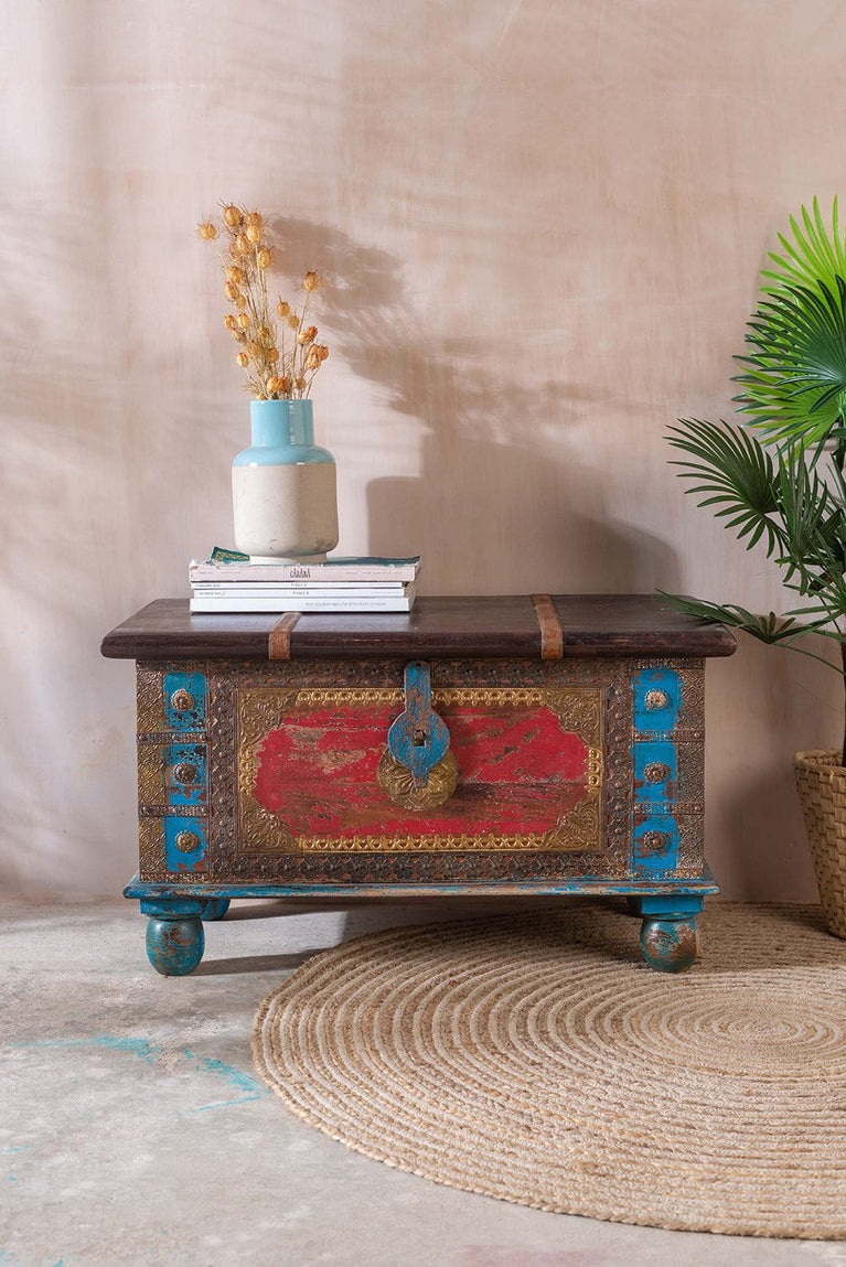 Red and Blue Wooden Chest with Brass Trim – MYAKKA