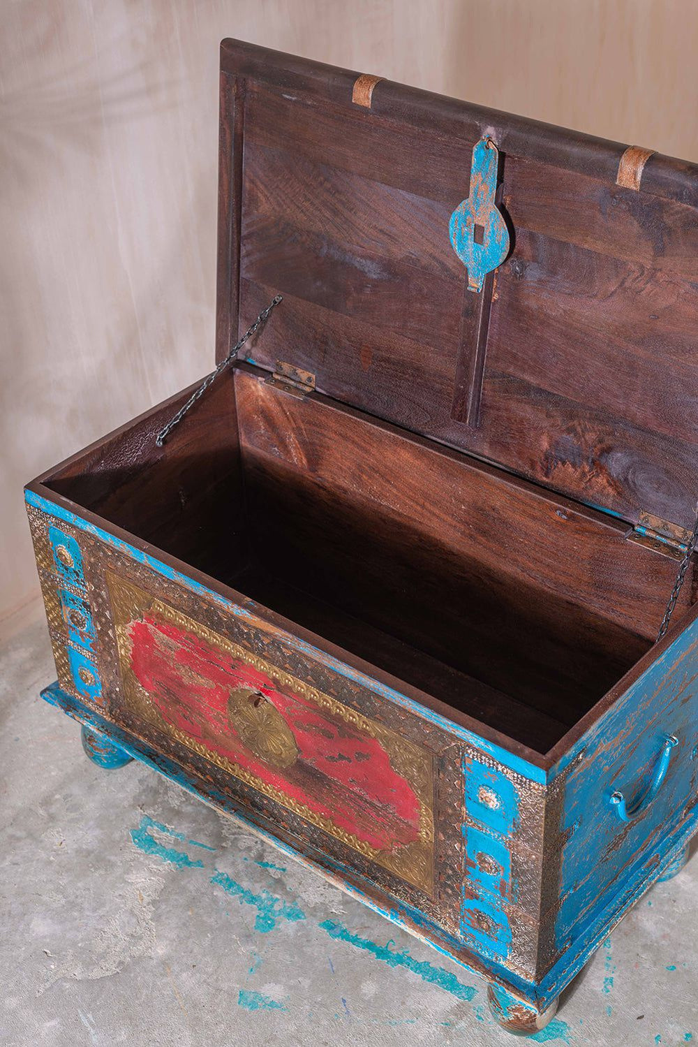 Red and Blue Wooden Chest with Brass Trim – MYAKKA