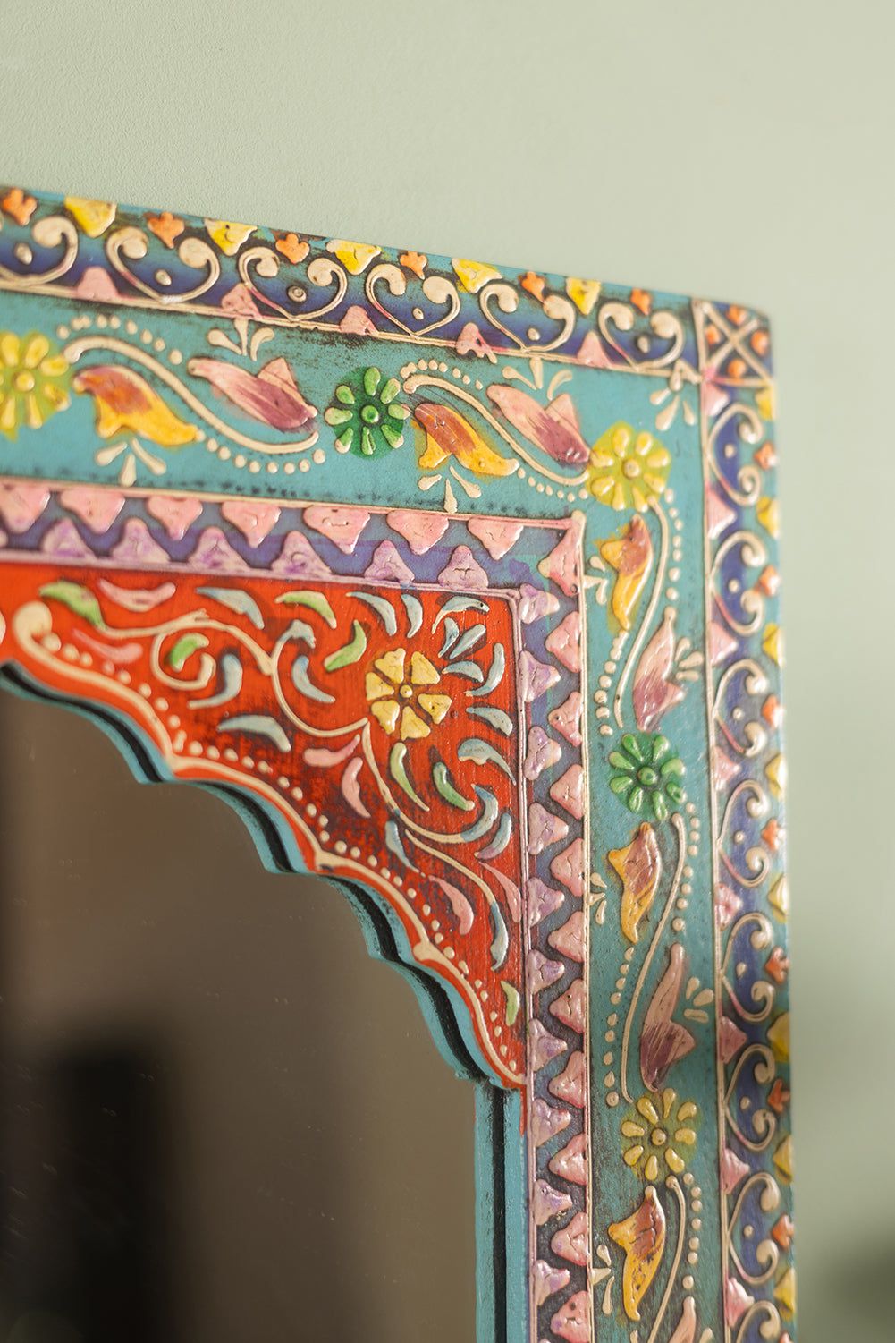 Highly Decorative Arched Wooden Mirror with Mehandi Work - MYAKKA