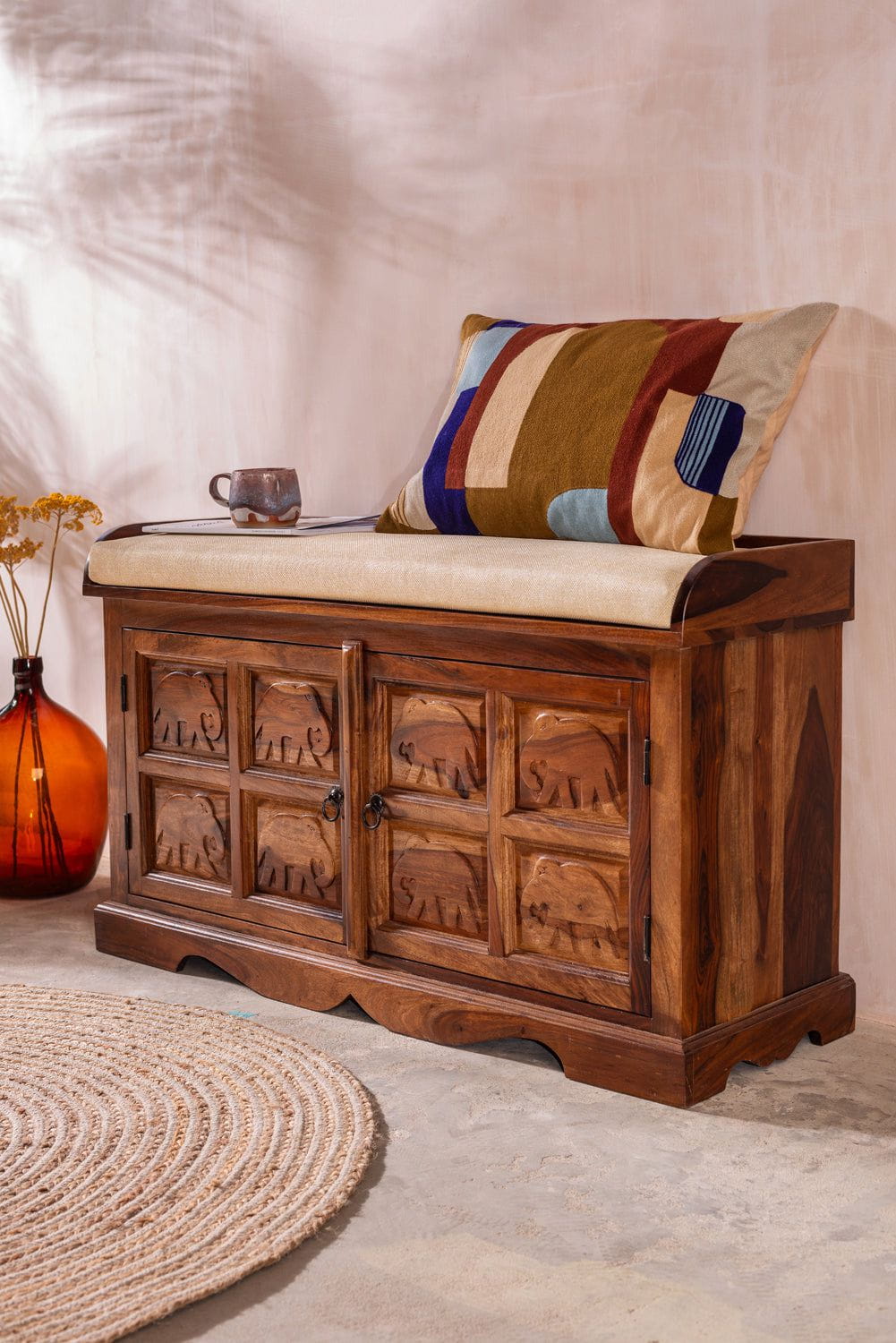 Hathi Sheesham Storage Seat with Cupboard | Myakka.co.uk - MYAKKA
