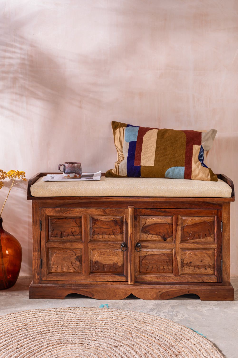 Hathi Sheesham Storage Seat with Cupboard | Myakka.co.uk - MYAKKA