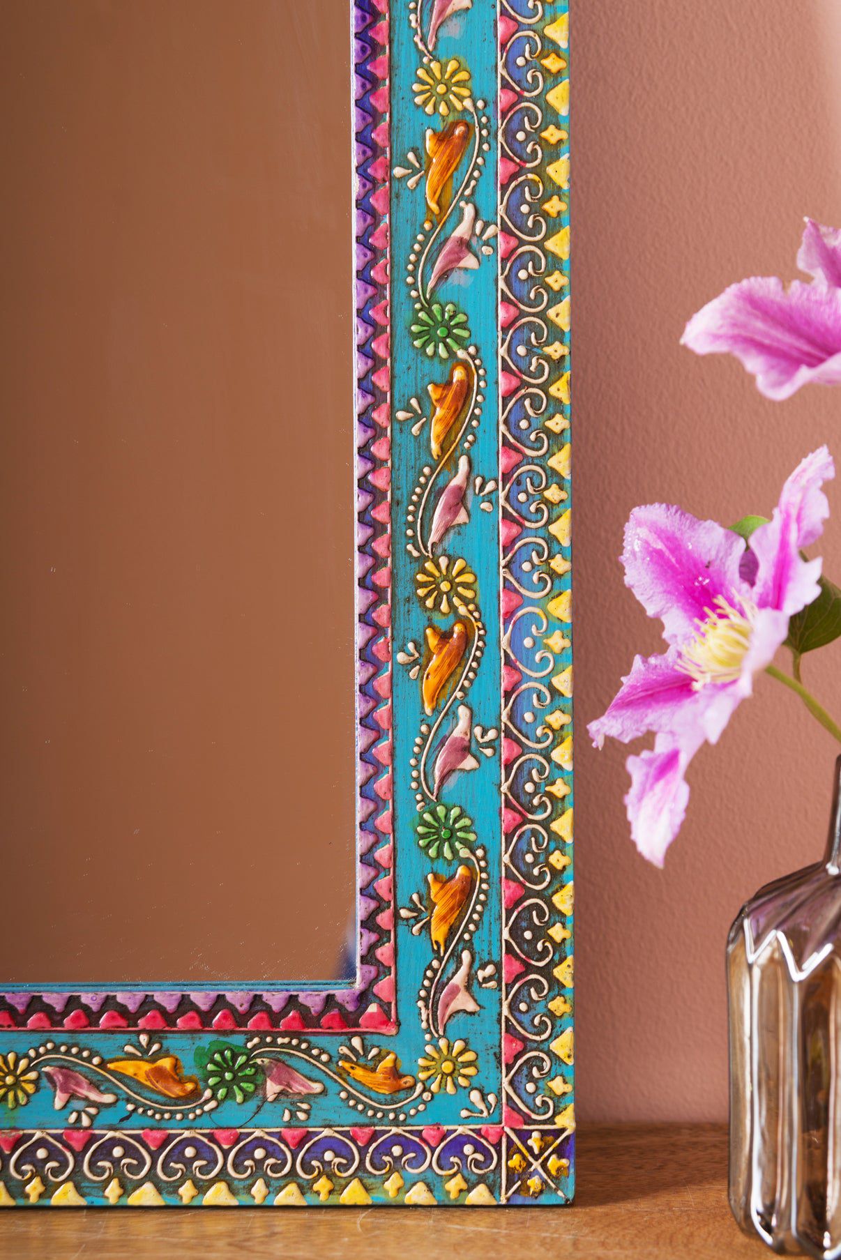 Highly Decorative Arched Wooden Mirror with Mehandi Work - MYAKKA